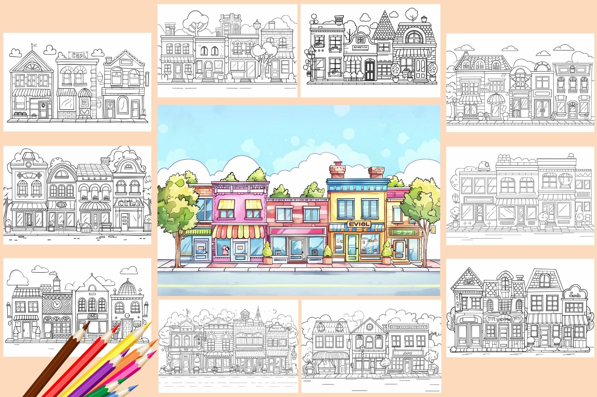 Kawaii Town Storefronts Coloring Book: Cartoon Shop Pages (printable ...