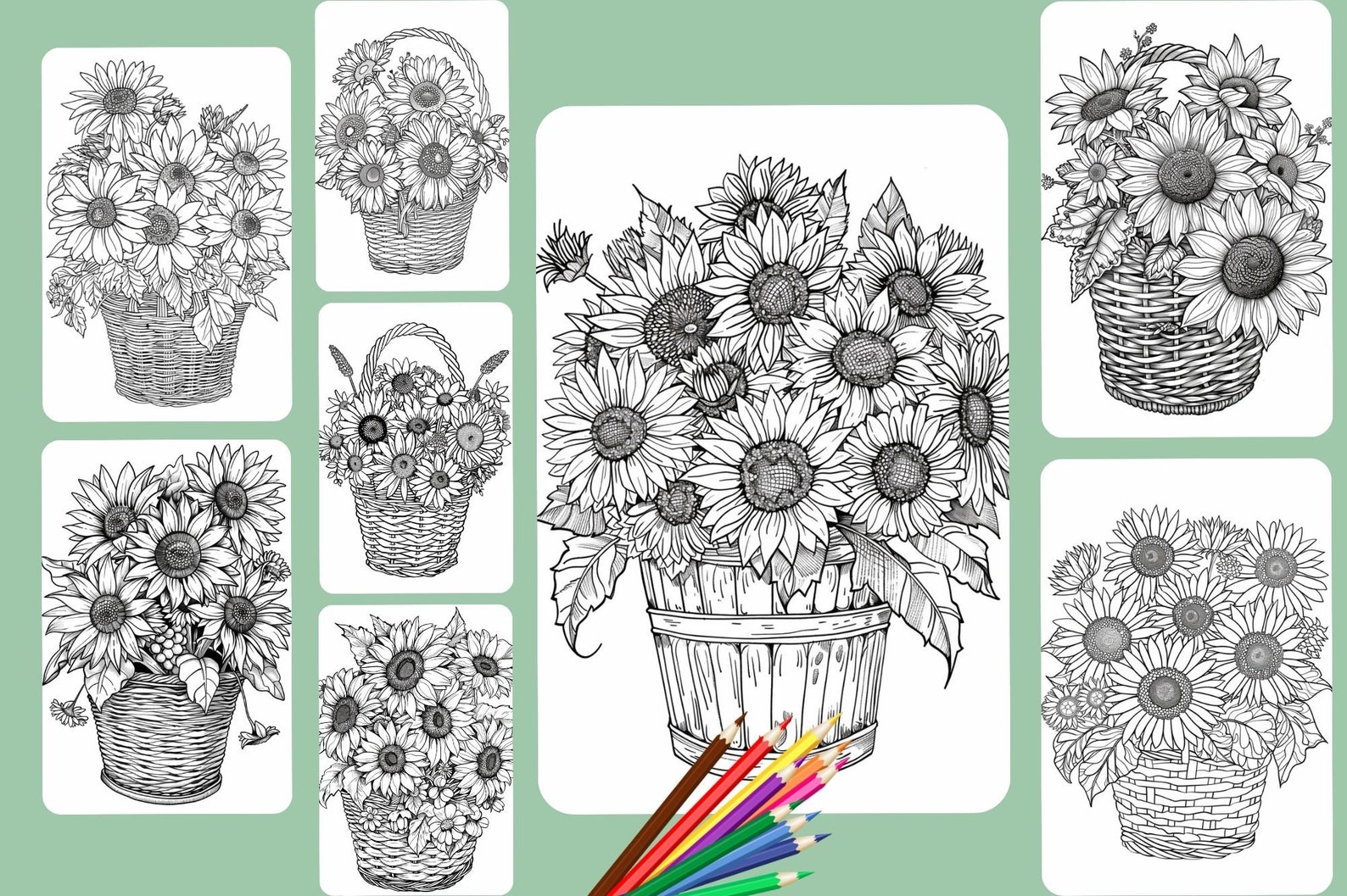 Sunflower Basket Coloring Book: Grayscale Therapy Art (printable PDF ...