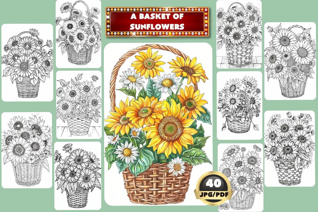 Sunflower Basket Coloring Book: Grayscale Therapy Art (printable PDF ...