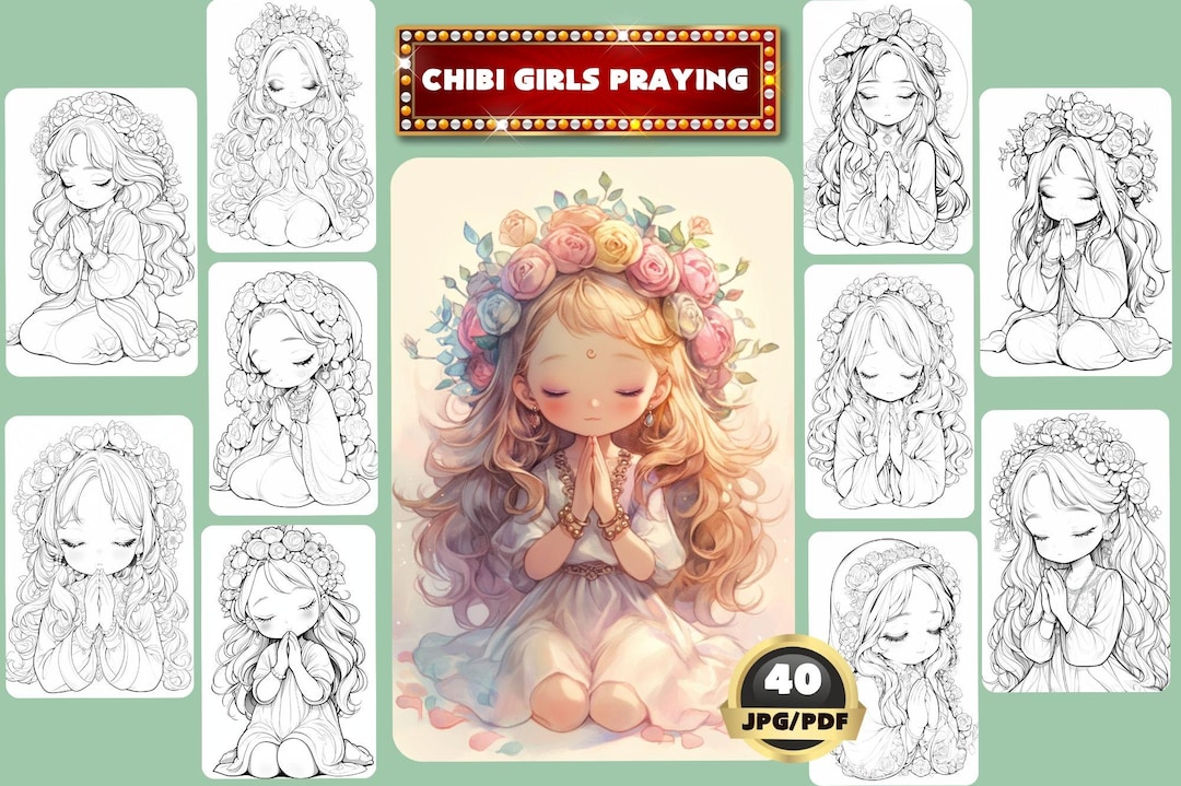 Chibi Girls Praying Coloring Book, Peaceful Anime Kawaii Chibi Girl ...