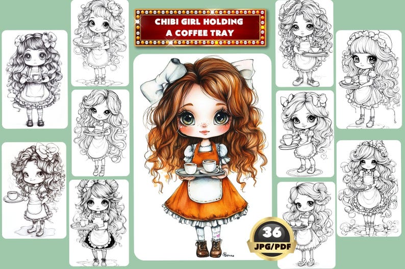 Chibi Girl Holding A Coffee Tray Coloring Book, Waitress Chibi Girl ...