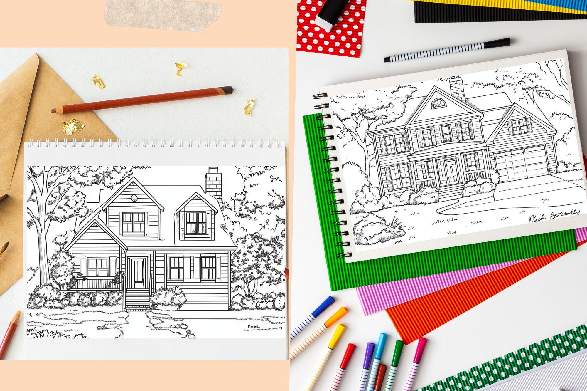 Beautiful House With Garden Digital Coloring Book, Single House With ...
