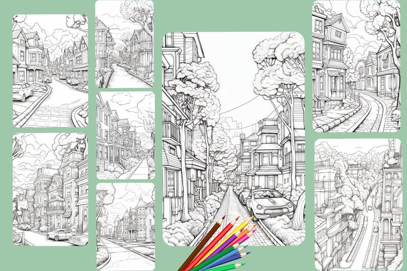 Peaceful City Coloring Book, Peaceful Village Scene, Town Landscape ...