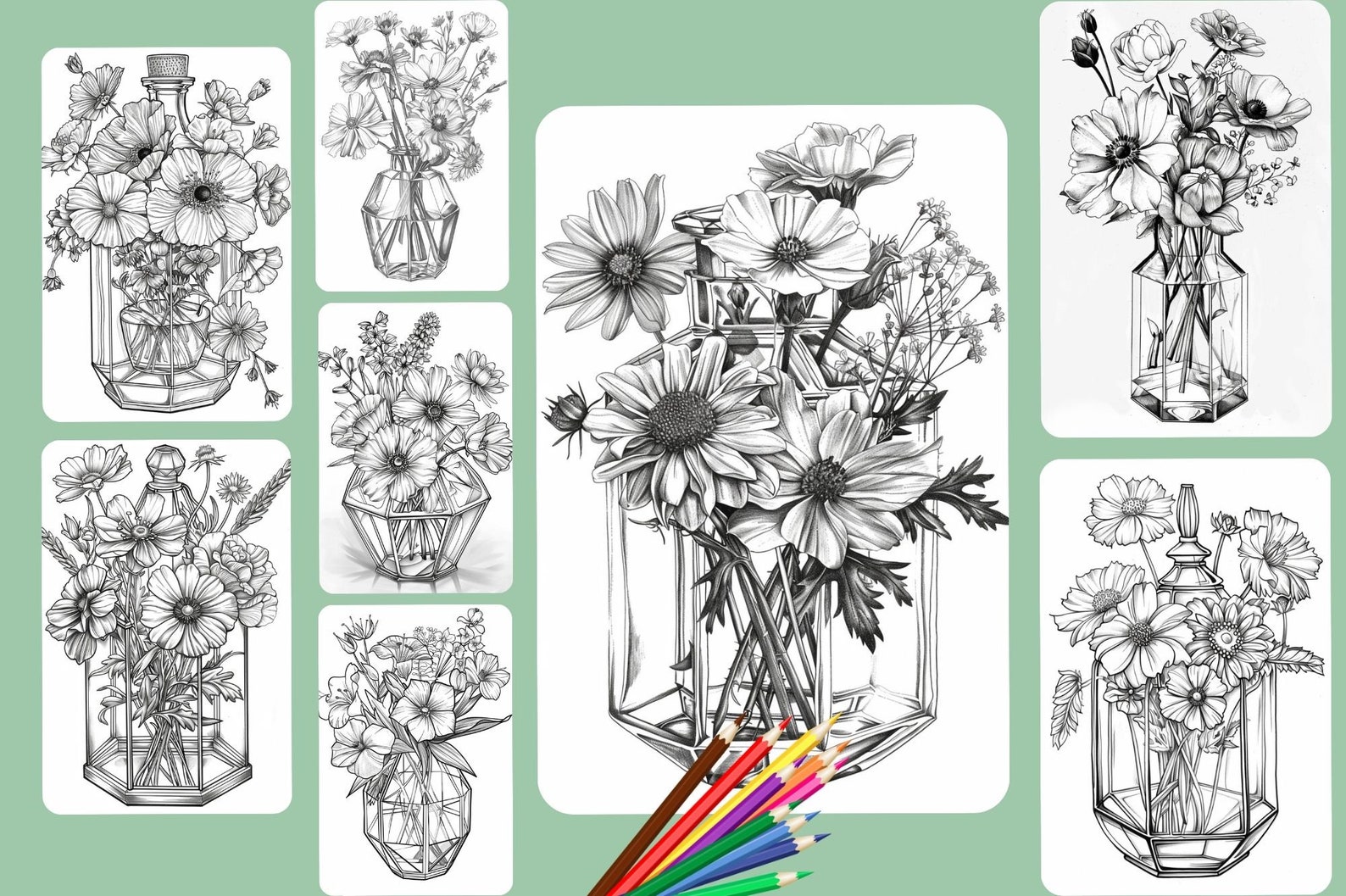 Floral Coloring Book: Flowers in Glass, Grayscale Art (printable PDF ...