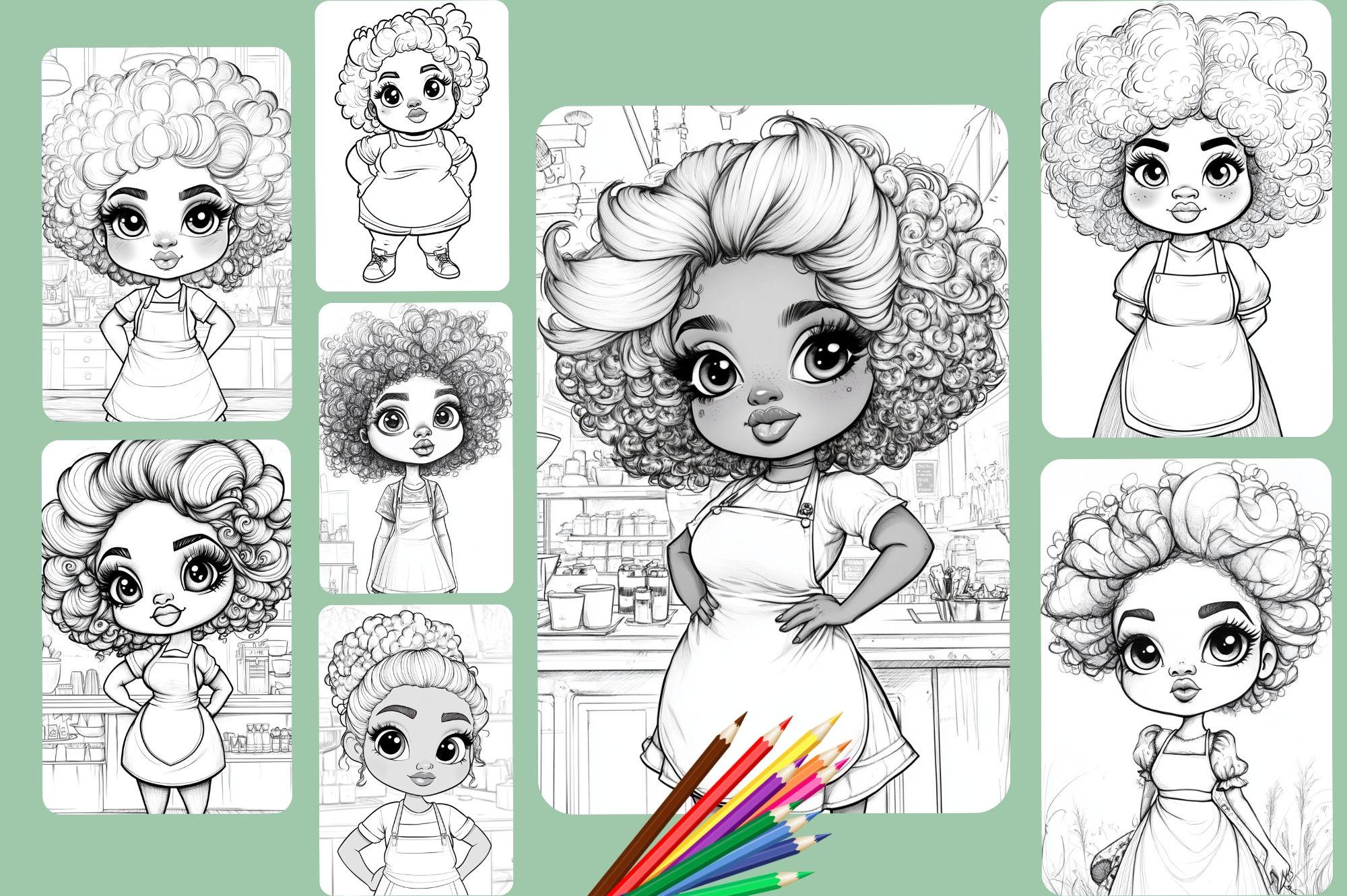 Chibi Coffee Shop Waitress Coloring Book, Black Chibi Waitress Girl ...