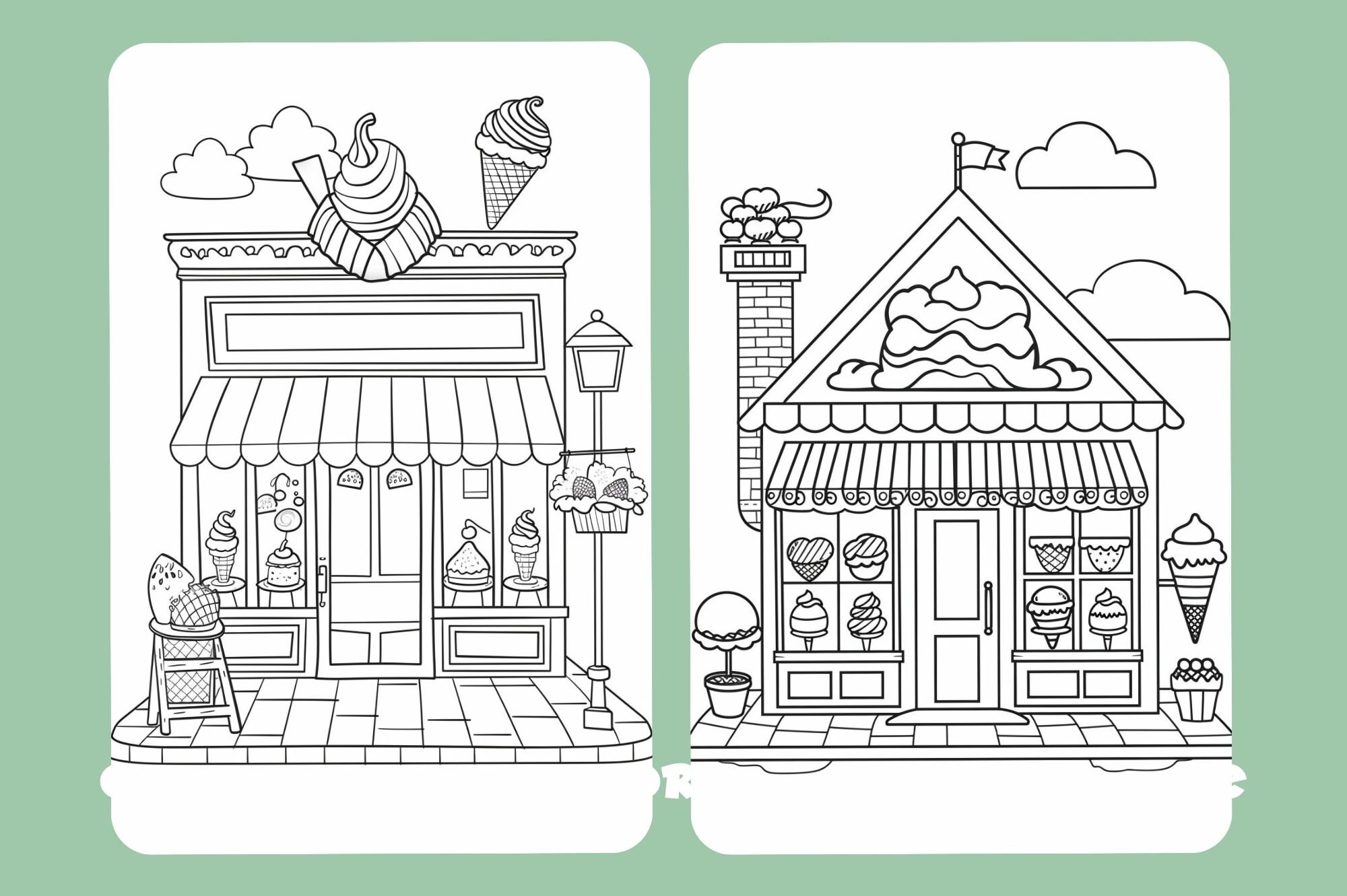 Cute Ice Cream Shopfront Colorıng Book, Fantasy Storefronts Coloring ...