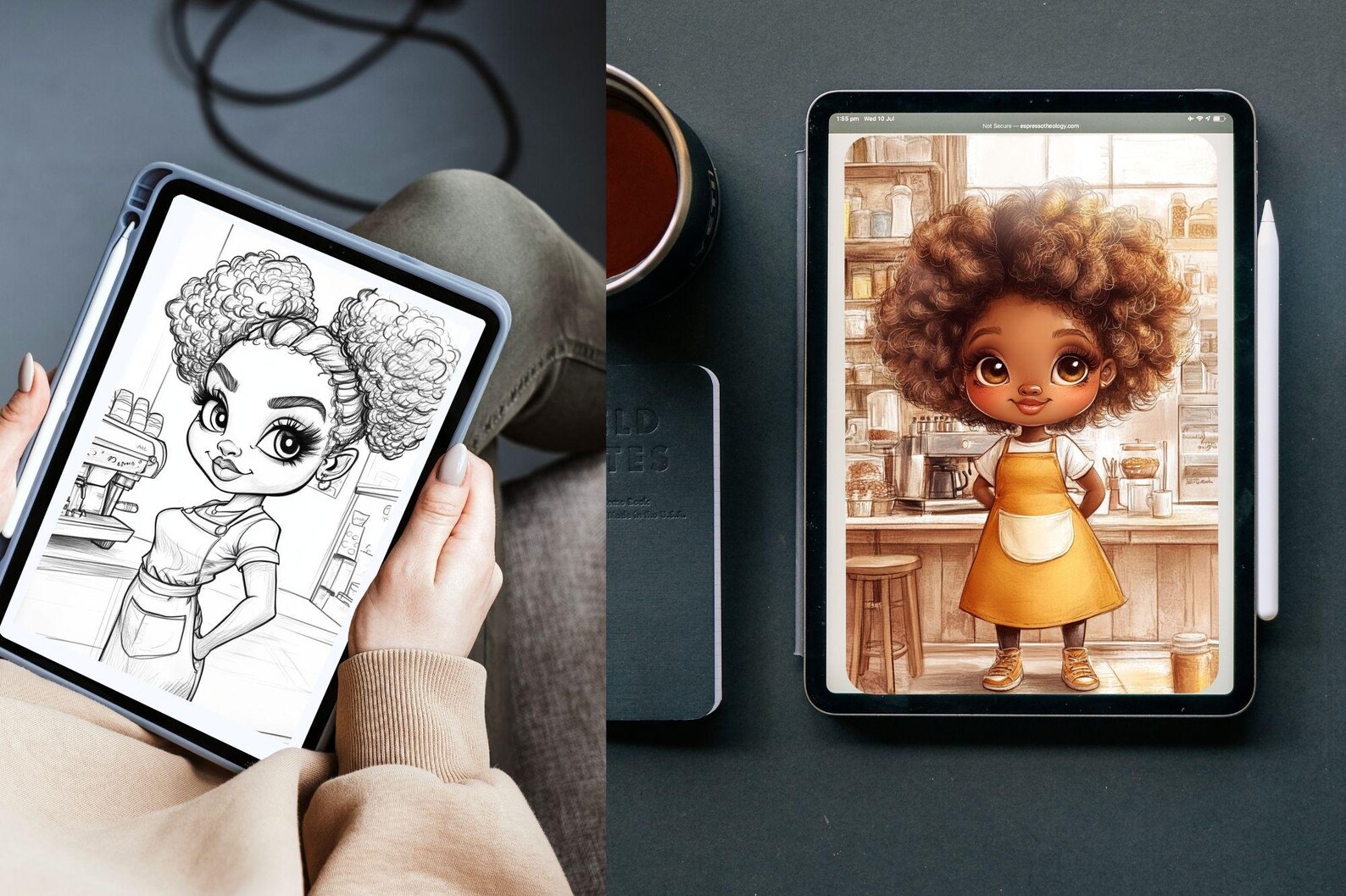 Chibi Coffee Shop Waitress Coloring Book, Black Chibi Waitress Girl ...