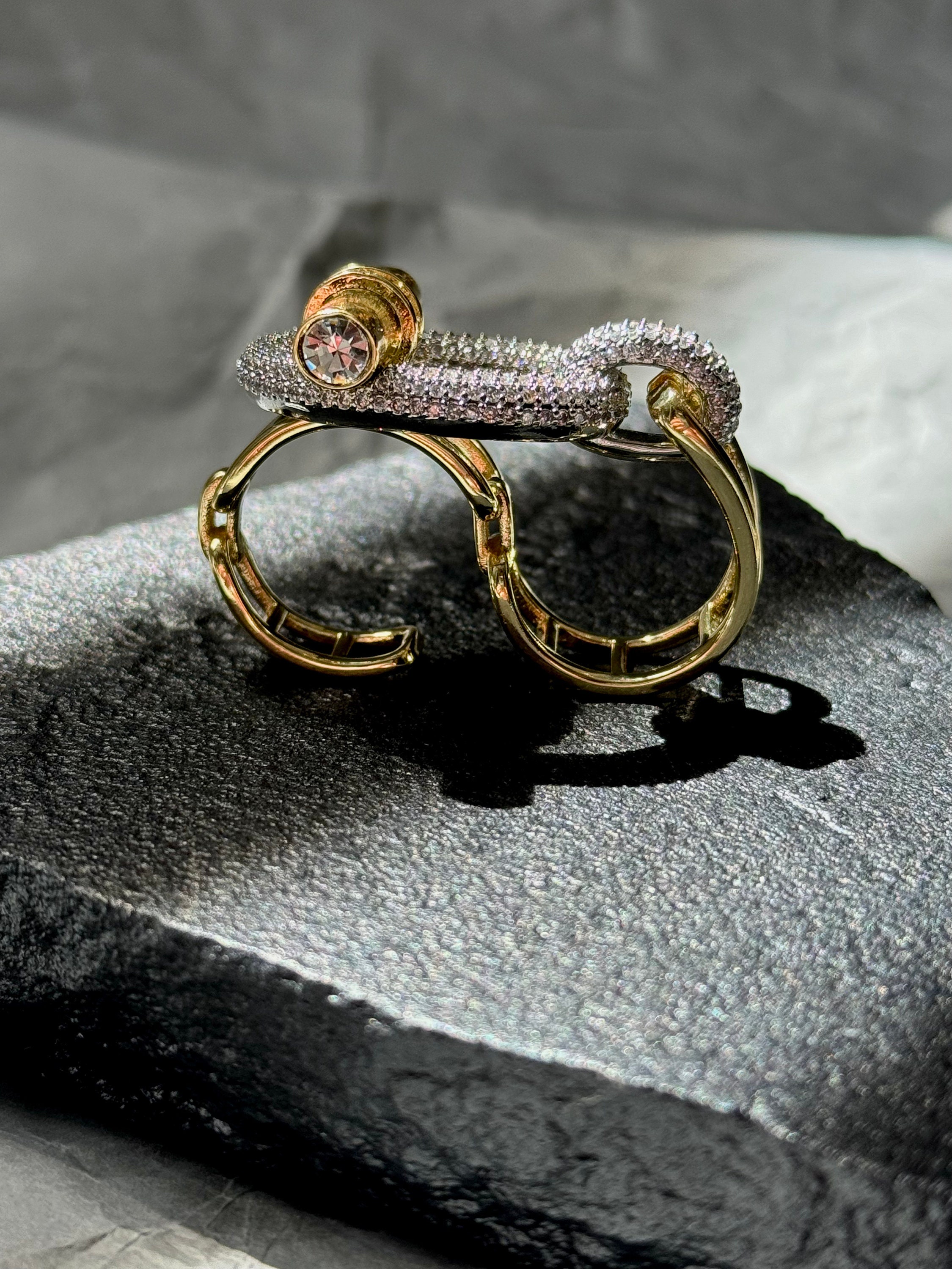 Two Finger Ring, Carabiner Charm Ring, Double Finger Ring, Two Tone ...