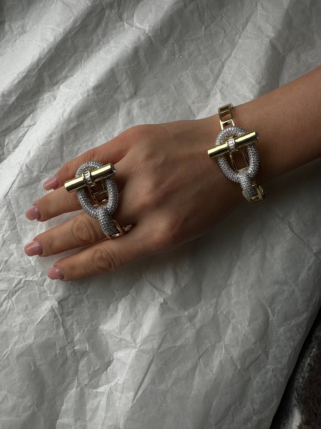 Carabiner Charm Ring & Bracelet Set, Two Finger Ring, Double Finger Ring, Carabiner Lock ...