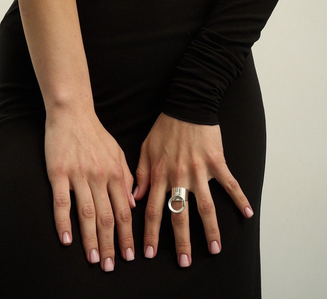 Wide Band Ring With Dangling Circle Charm, Statement Ring, Adjustable ...