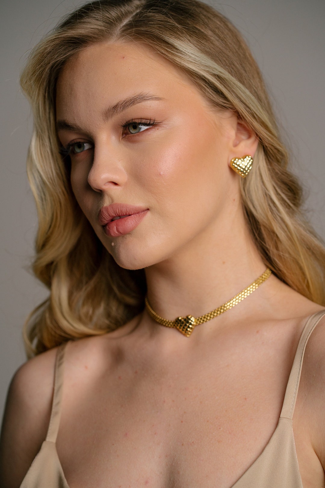 Chain Choker With Puffy Heart Pendant, 24K Gold Plated Necklace, Statement Jewelry, Wedding ...