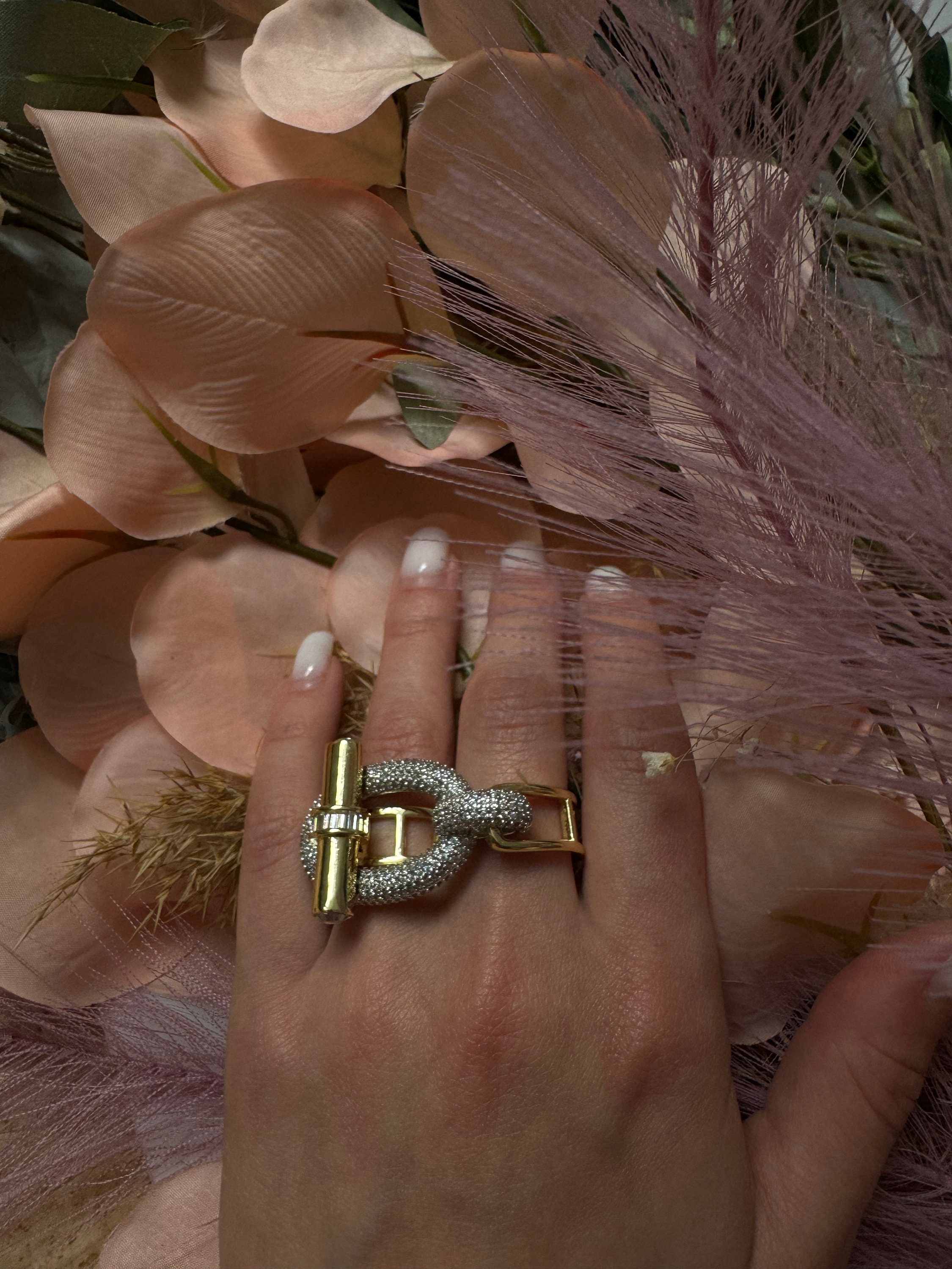 Two Finger Ring, Carabiner Charm Ring, Double Finger Ring, Two Tone Chunky Ring, Mixed Metals ...