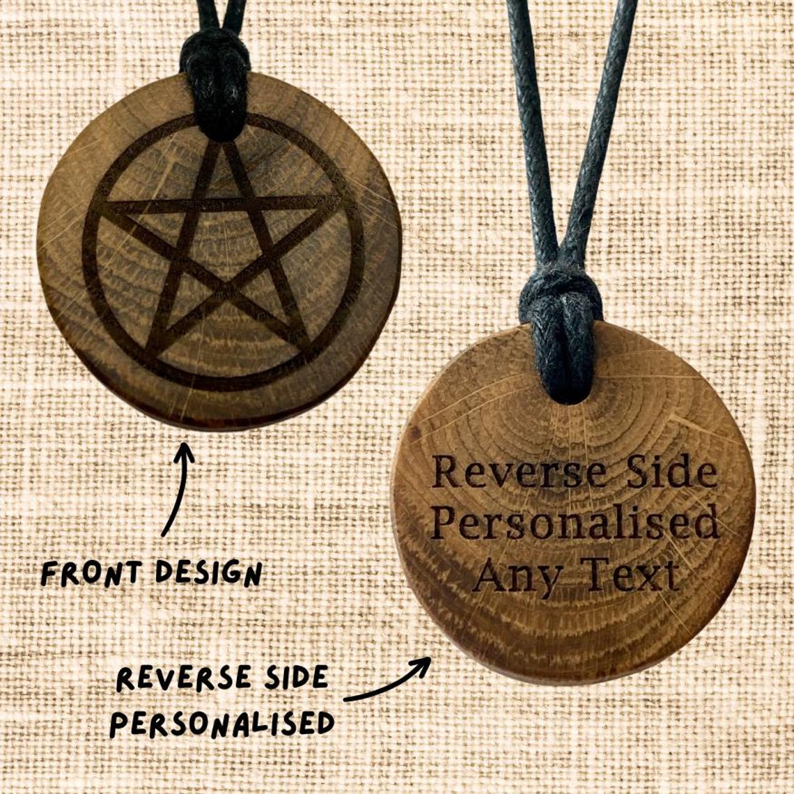 Personalised Solid Oak Pentacle Pendant Amulet. 4 Sizes. Pagan, Druid ...