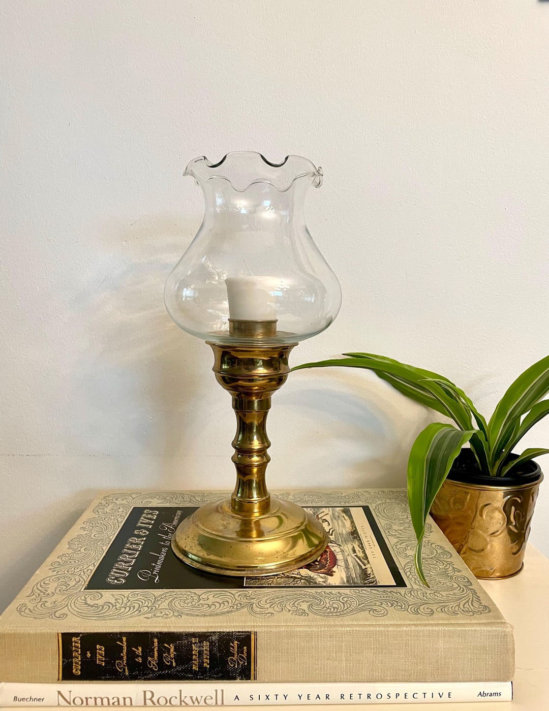 Vintage Brass Hurricane Candle Holder Lamp With Ruffled Glass Trim ...