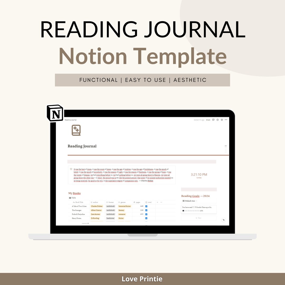 Digital Reading Journal Notion Template, Book Tracker Notion Template ...