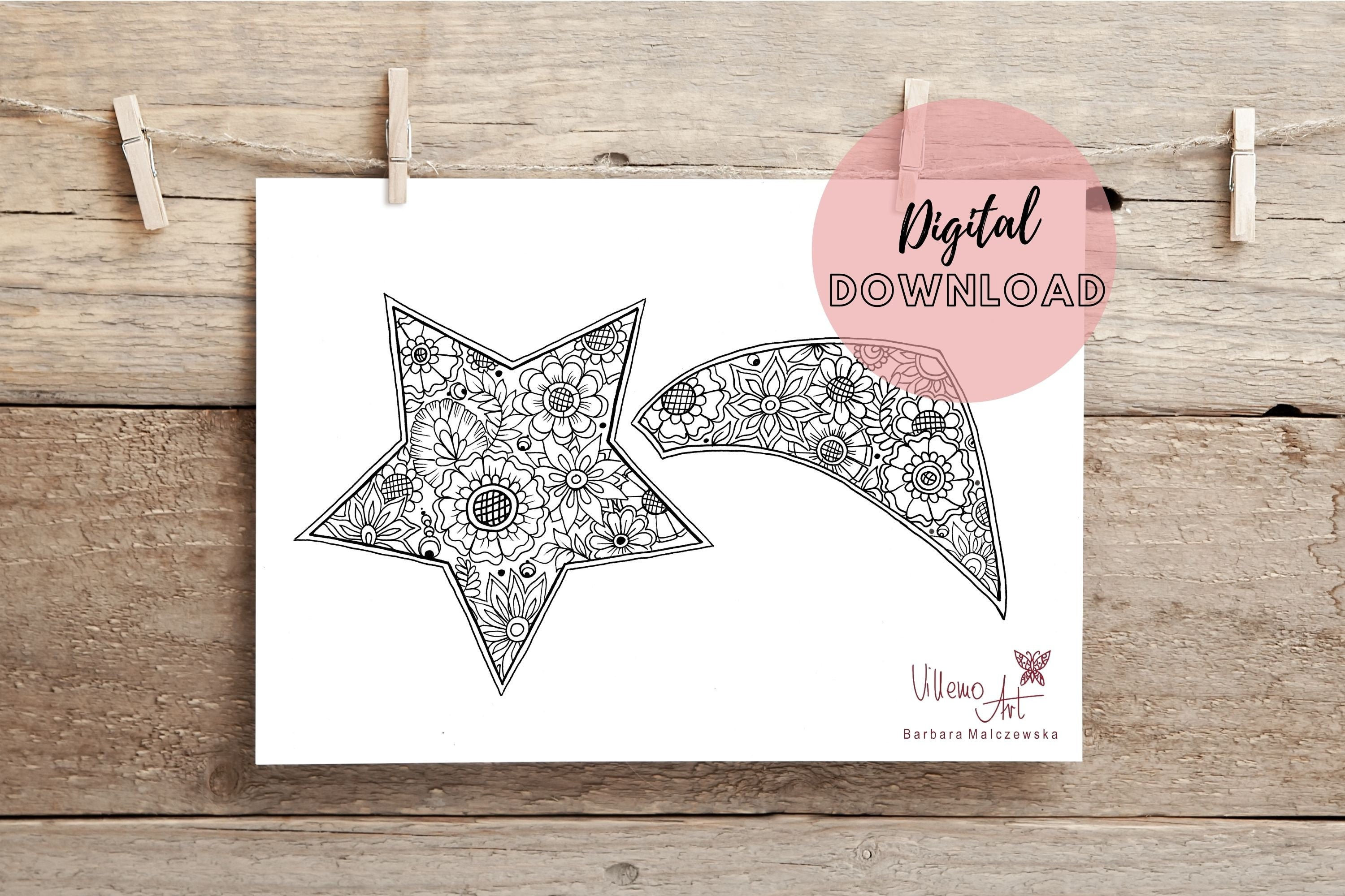 Printable Coloring Page Blue Star Digital Stamp Instant - Etsy