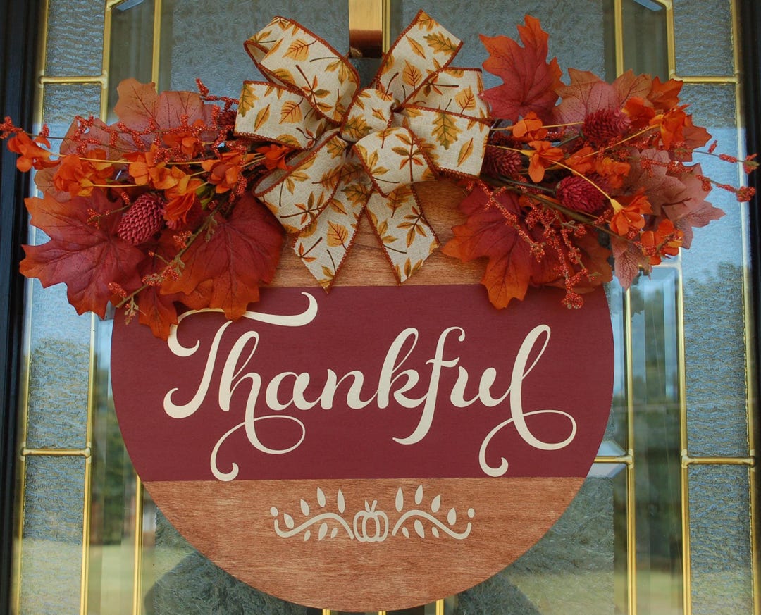 Seasonal Thankful Front Door Sign: Handcrafted Wooden Wreath With ...