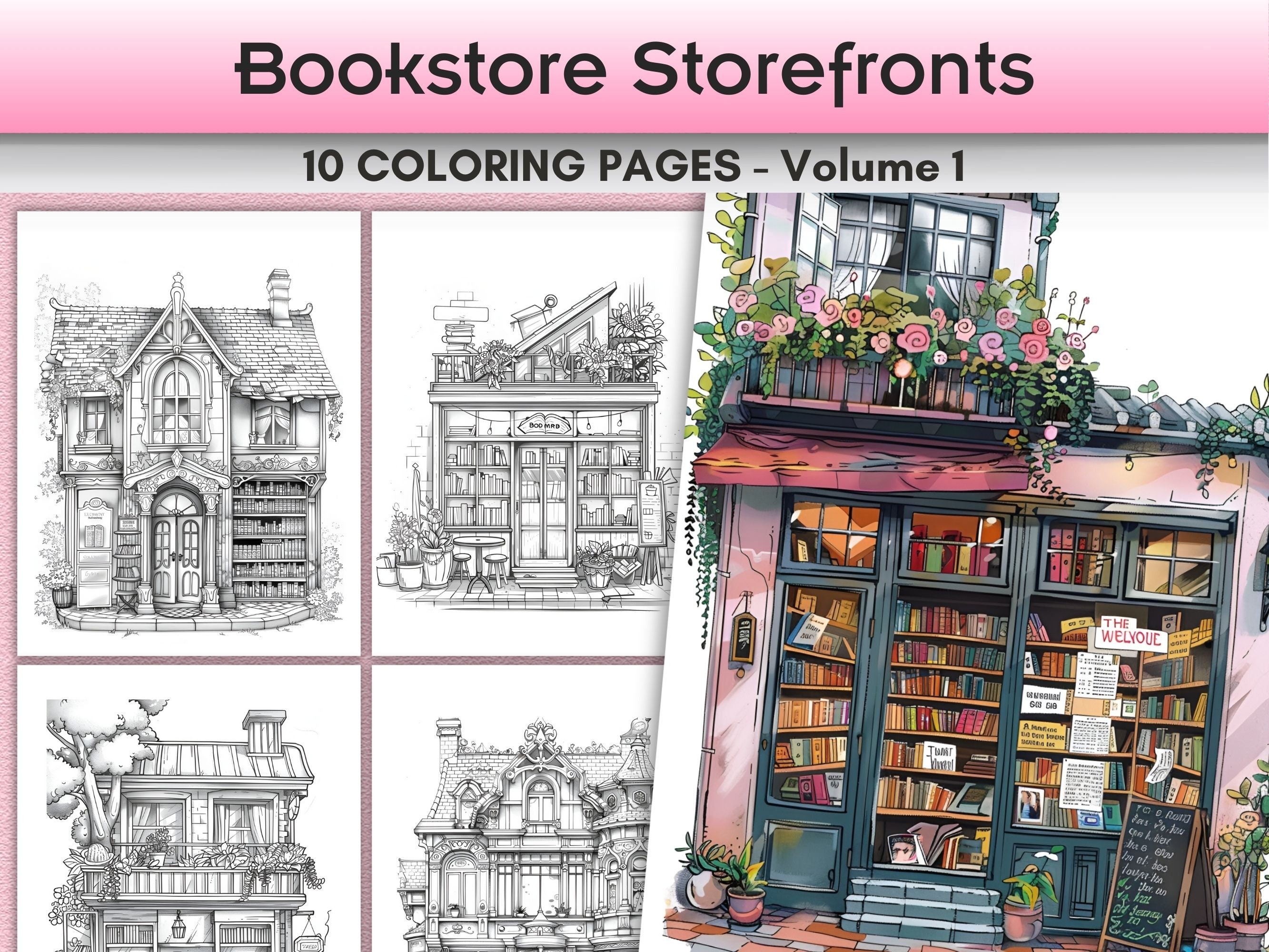10 Bookstore Storefront Coloring Pages for Adults, Storefront Coloring ...