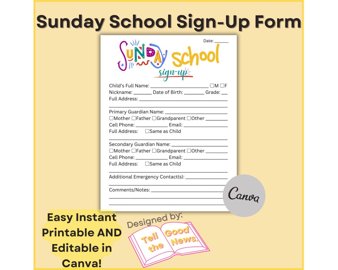 Sunday School Sign-up Registration Form | Kid's Ministry, Children's ...