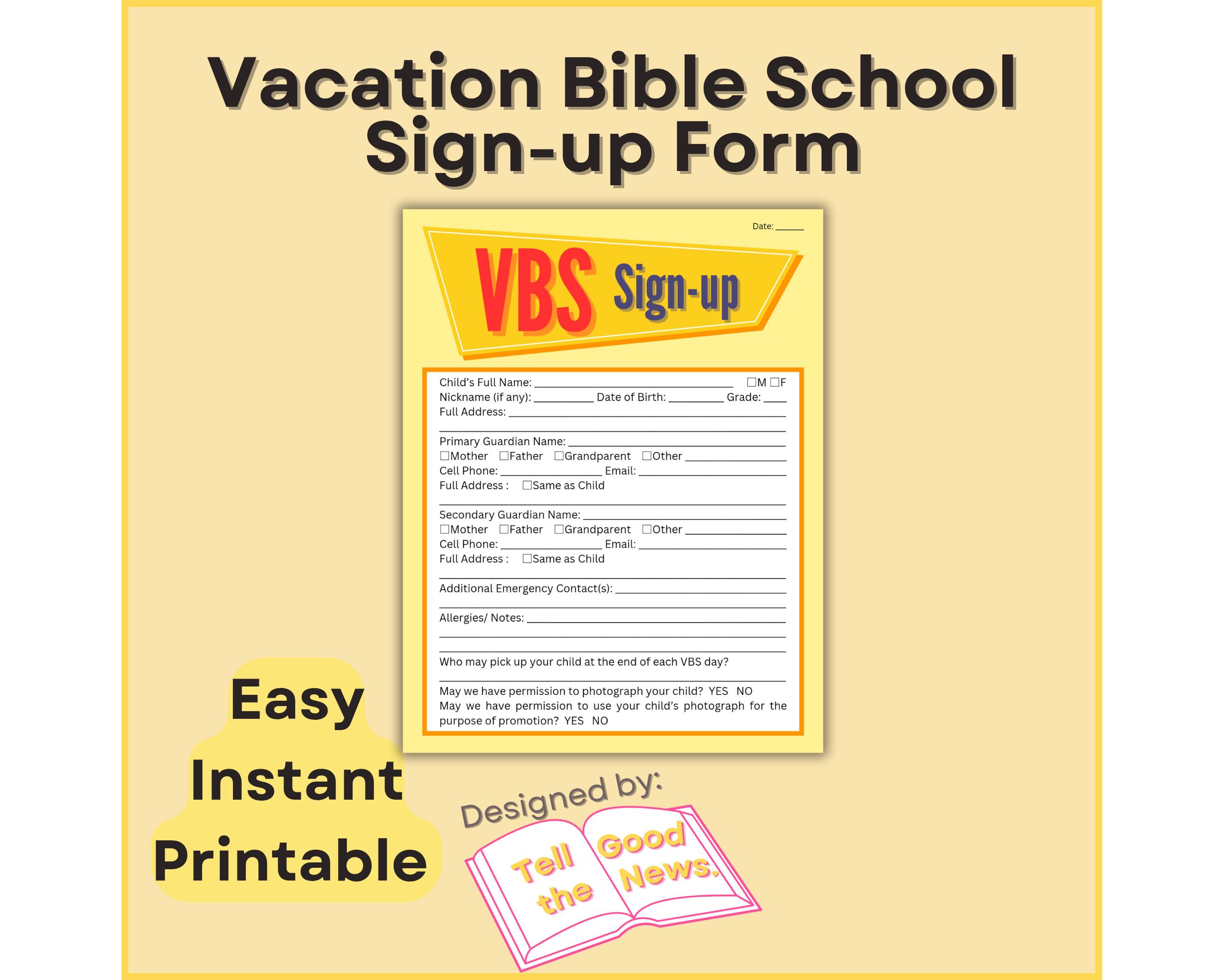Vacation Bible School Sign-up Form | VBS Registration Form Sheet ...