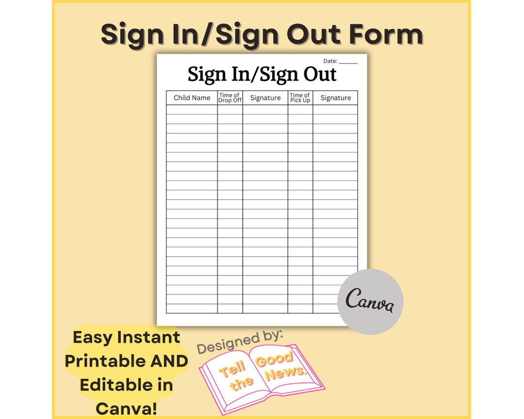 Sign In/sign Out Form Sheet | School, Church, Sports, Events, Camps ...
