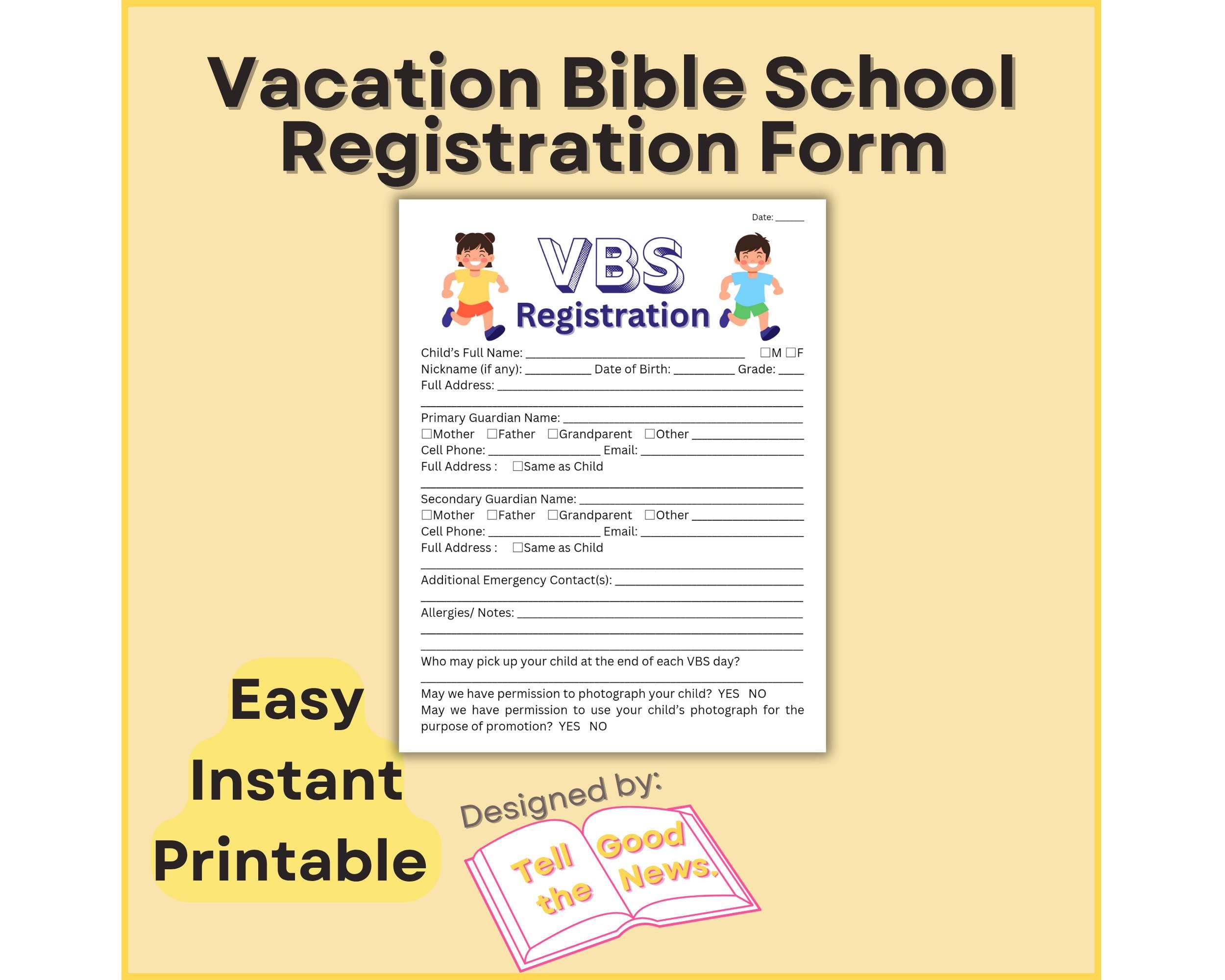 Vacation Bible School Registration Form | VBS Sign-up Form Sheet ...