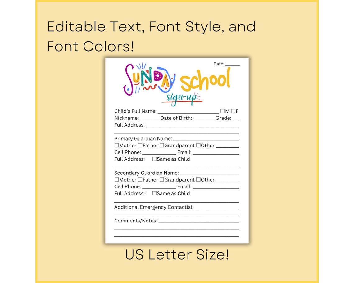 Sunday School Sign-up Registration Form | Kid's Ministry, Children's ...