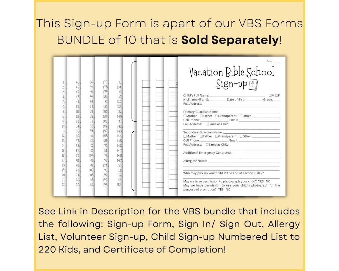 Vacation Bible School Sign-up Form | VBS Registration Form Sheet ...