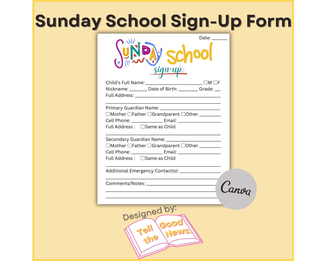 Sunday School Sign-up Registration Form | Kid's Ministry, Children's ...