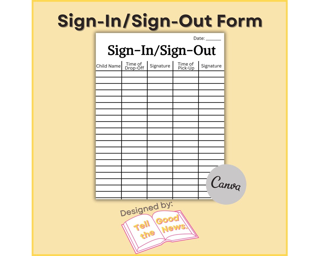 Sign-in/sign-out Form | School, Church, Sports, Events | Editable in ...
