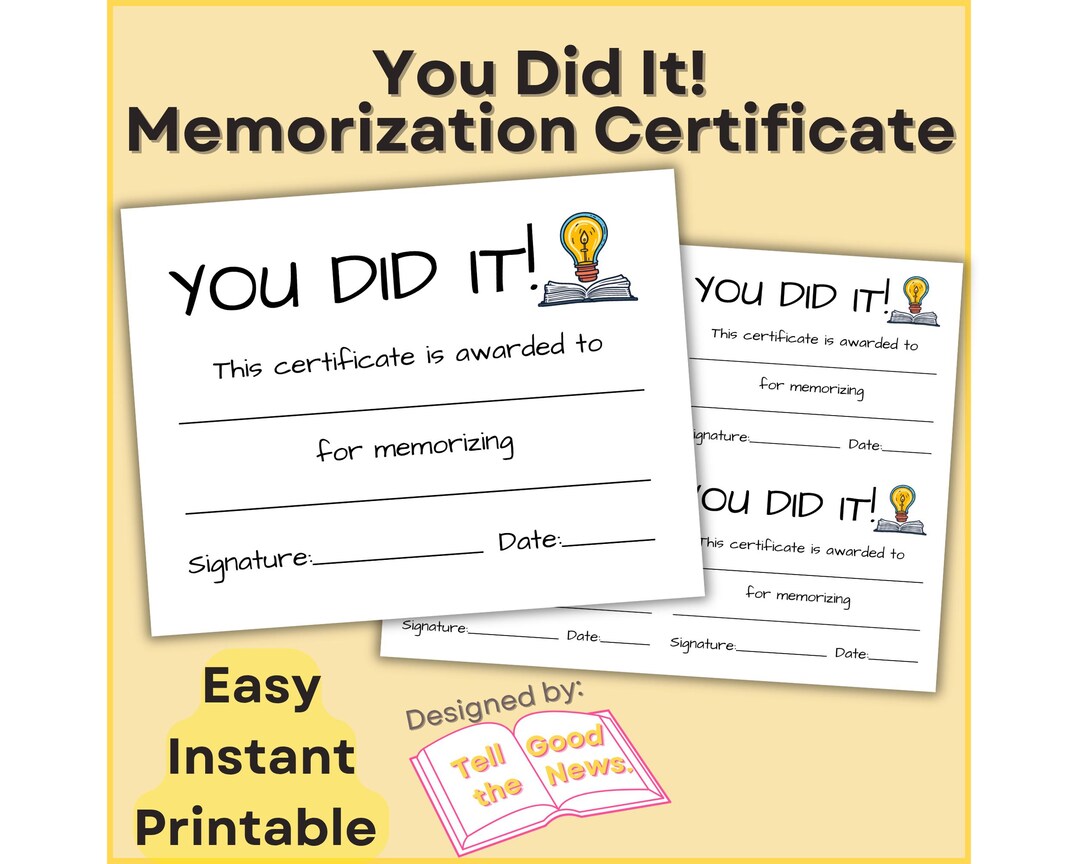 You Did It! Memorization Certificates | School Teacher Student ...