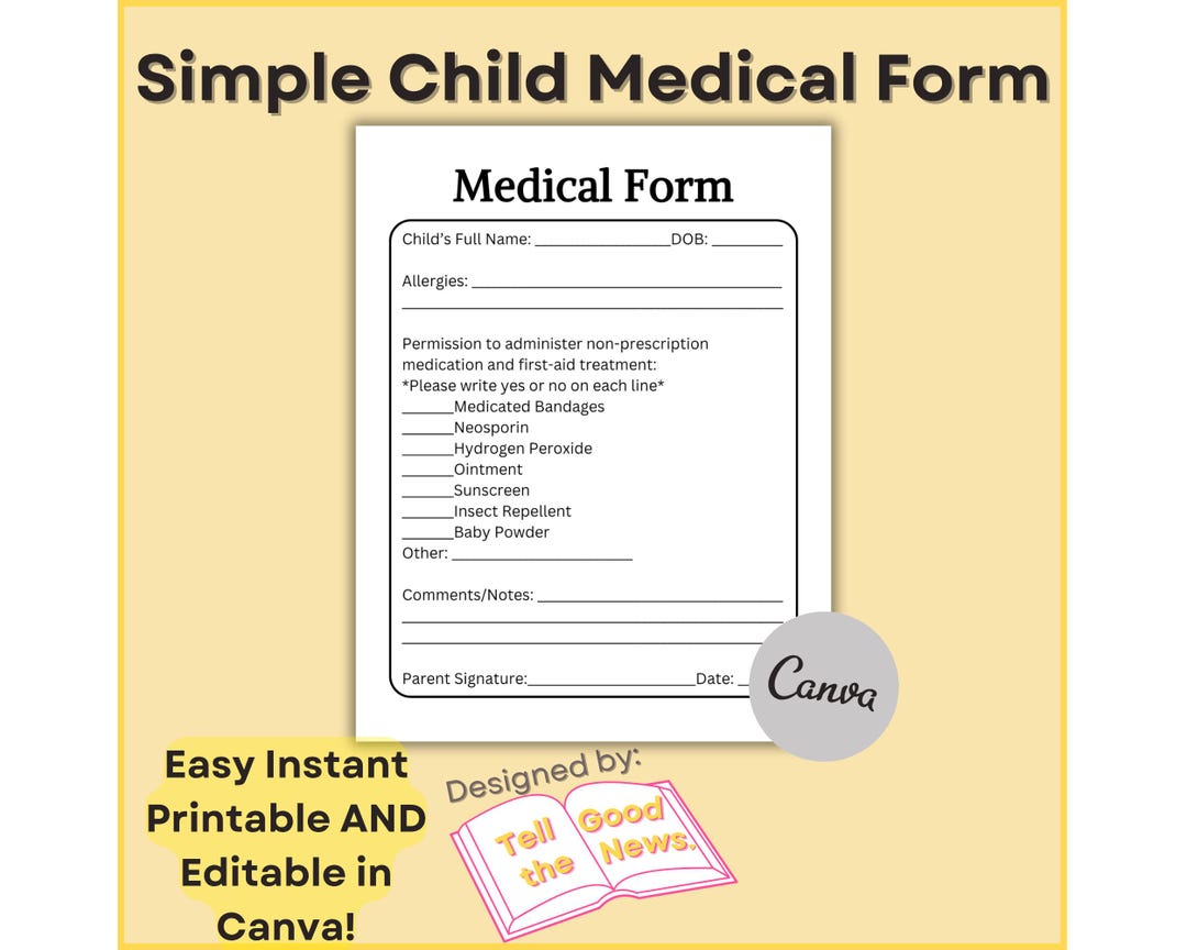 Simple Child Medical Form | School, Nursery, Church, Events, Sports ...