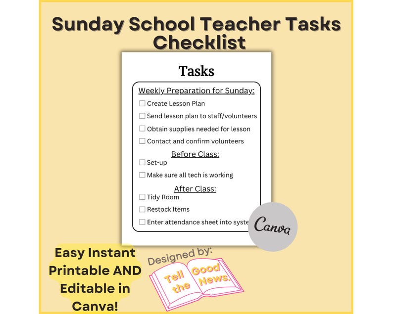 Sunday School Teacher Tasks Checklist | Church Ministry Form | Bible ...