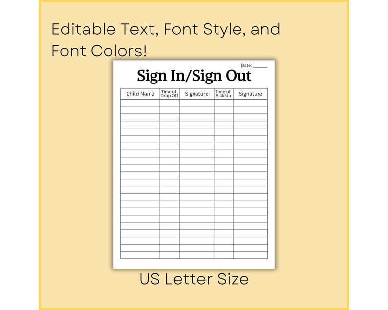 Sign In/sign Out Form Sheet | School, Church, Sports, Events, Camps ...