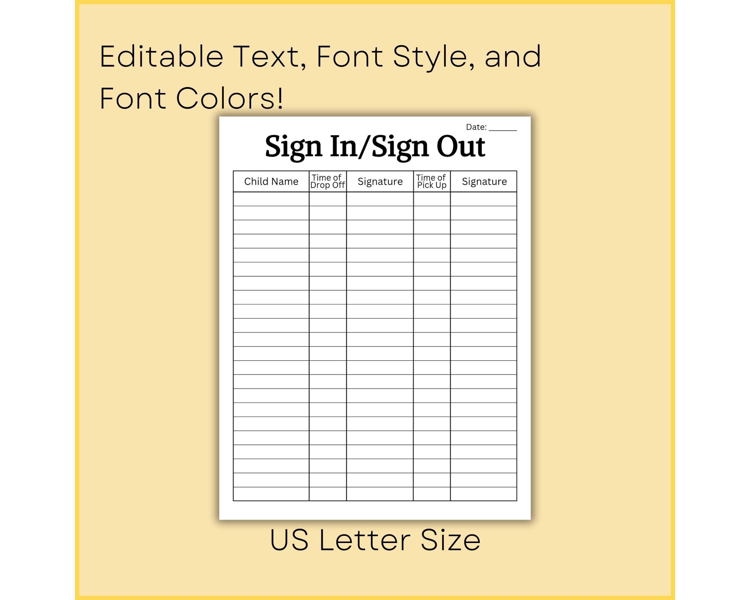 Sign In/sign Out Form Sheet | School, Church, Sports, Events, Camps ...