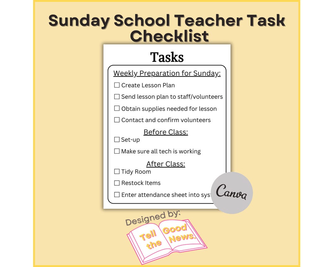 Sunday School Teacher Tasks Checklist | Church Ministry Form | Editable ...