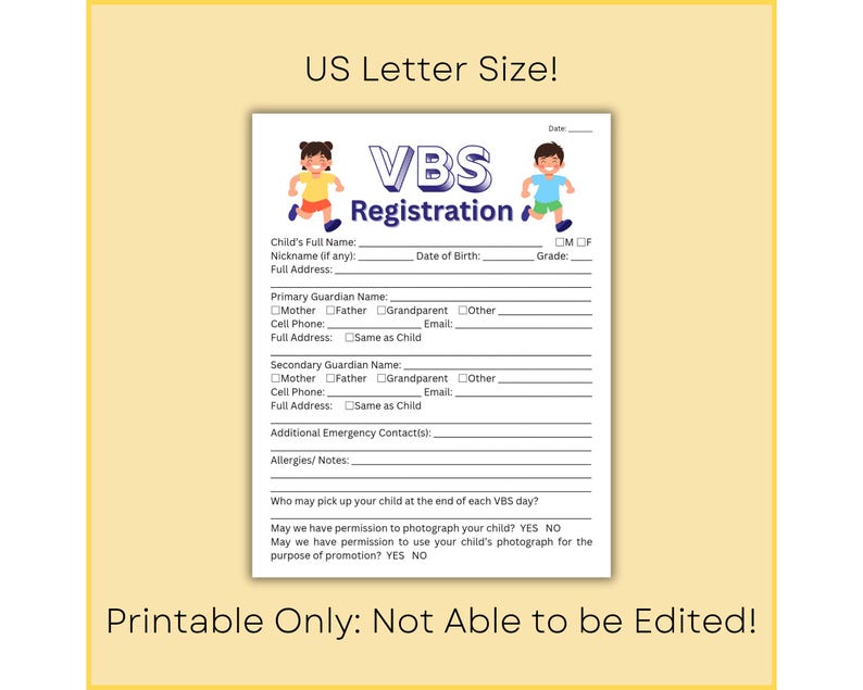 Vacation Bible School Registration Form | VBS Sign-up Form Sheet ...
