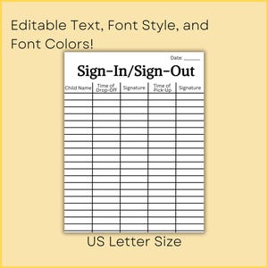 Sign-in/sign-out Form | School, Church, Sports, Events | Editable in ...