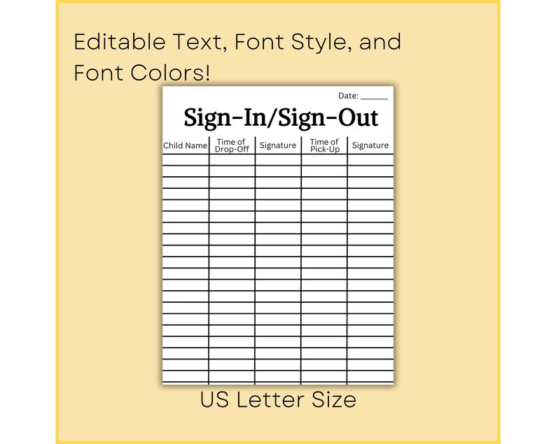 Sign-in/sign-out Form School, Church, Sports, Events Editable in Canva ...