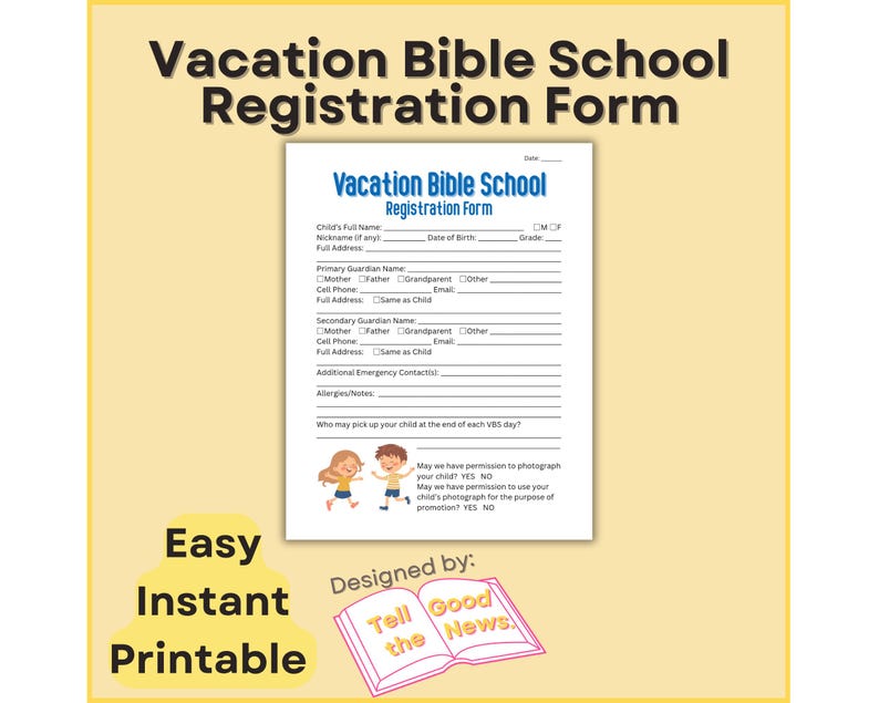 Vacation Bible School Registration Form | VBS Sign-up Form Sheet ...