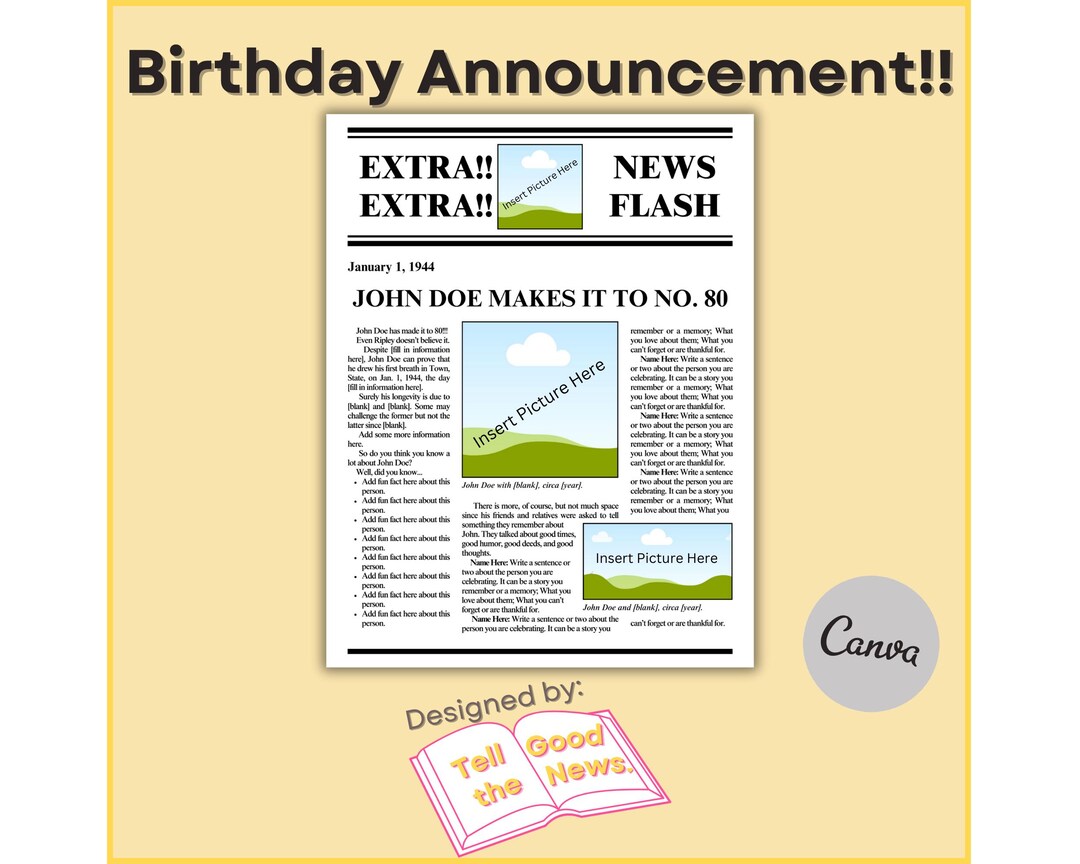 Birthday Announcement Newspaper Flyer Party Handout/favor for Guests ...