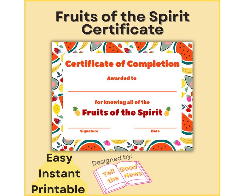 Fruits of the Spirit Certificate of Completion | Church Ministry ...