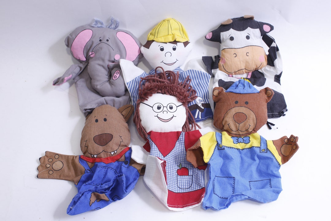 Hand Puppets, Set of Six, Elephant, Cow, Bear, Dog, Man, Worker, Woman ...