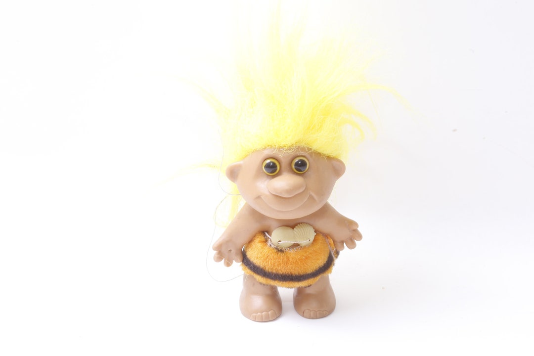 Cave Man Troll Doll, Yellow Hair, Prehistoric, Fur, Shells, Cave Woman ...