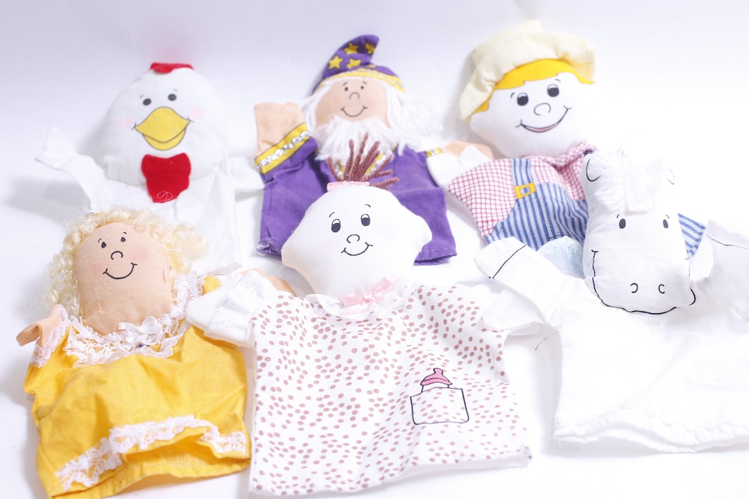 Hand Puppets, Set of Six, Rooster, Wizard, Farmer, Girl, Baby Girl ...
