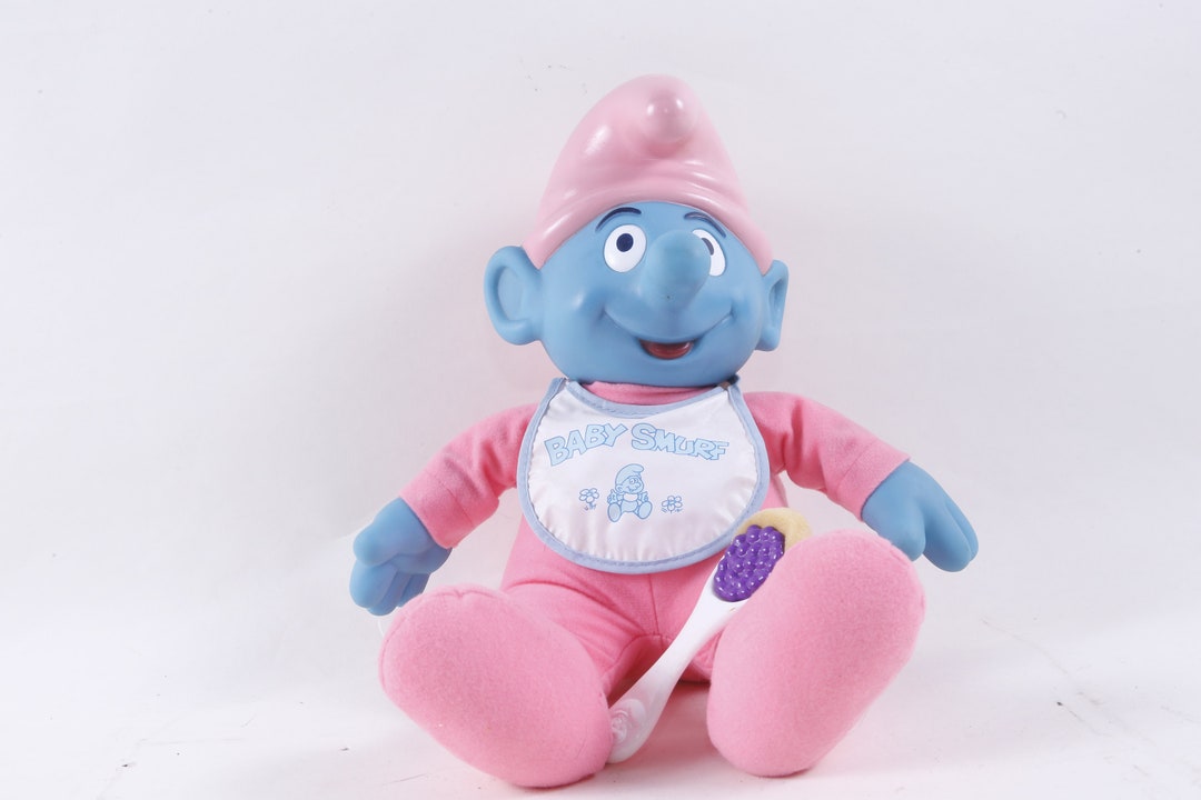 Baby Smurf, PEYO, 1996, Doll, Toy, Pink Costume, Bib, Spoon, Plastic ...