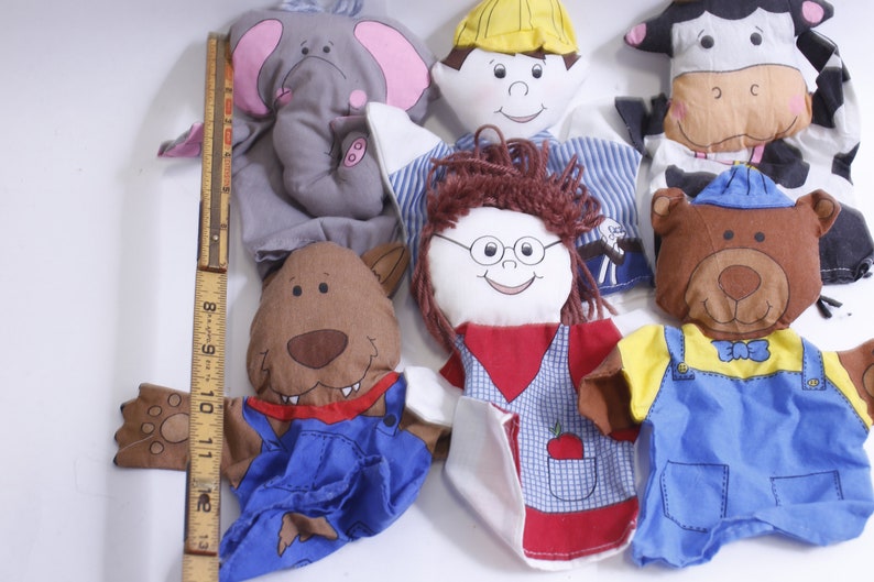 Hand Puppets, Set of Six, Elephant, Cow, Bear, Dog, Man, Worker, Woman ...