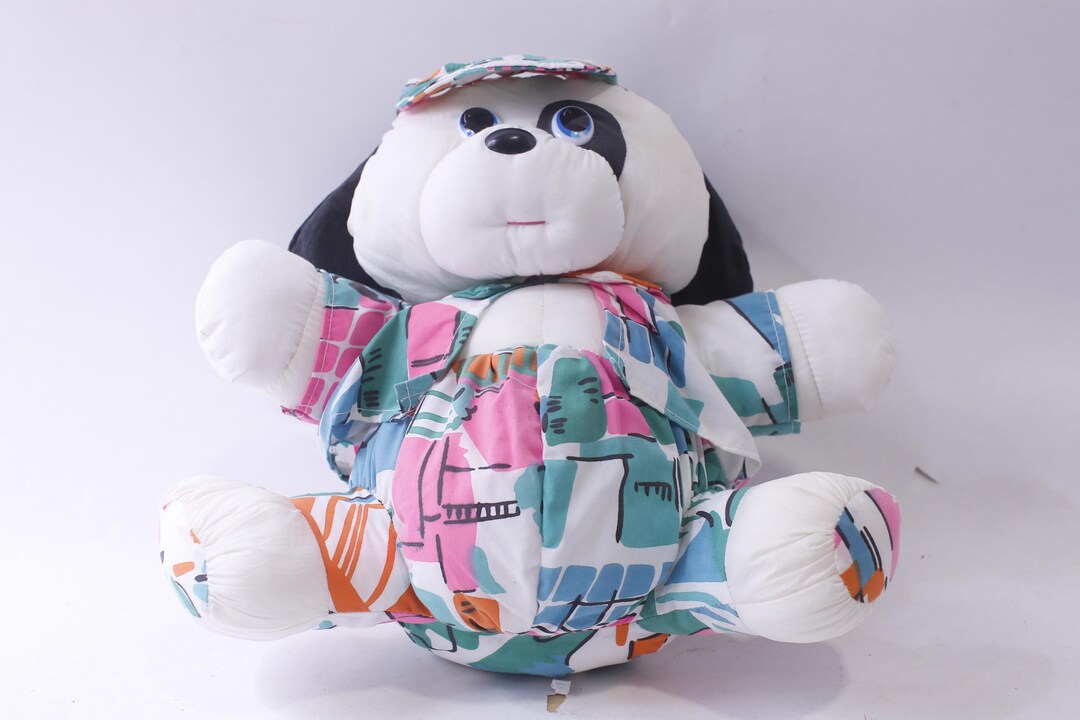 Puffalump Style, White Dog With Black Ears in Colorful Outfit, Soft Toy ...