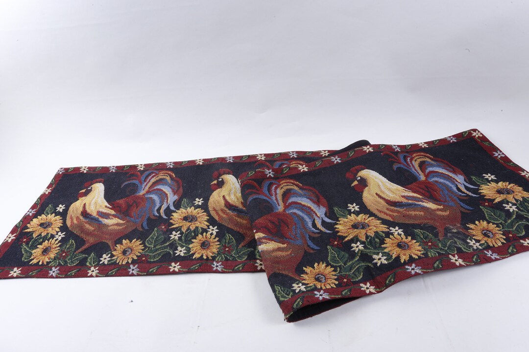 Roosters Table Runner Flowers Black Red Vintage Embroidered Picture ...
