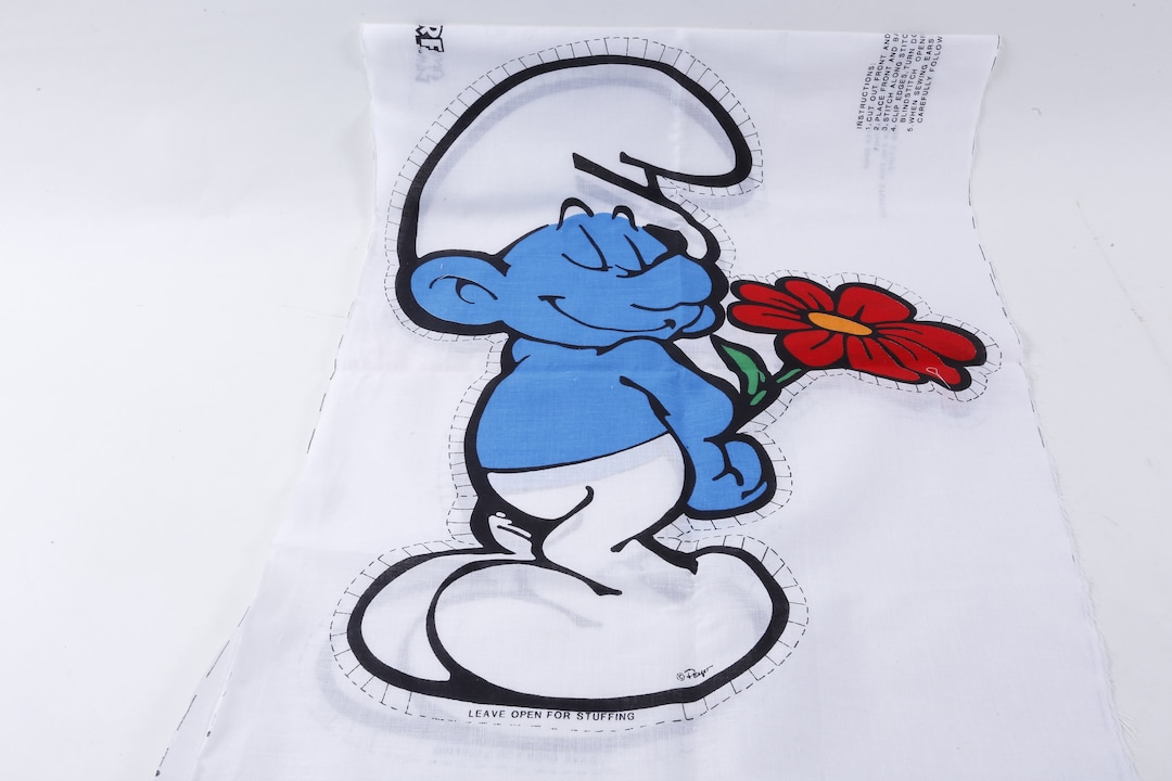 Smurf Character Pillow Fabric Patterns Blue Figure Red Flower Children ...